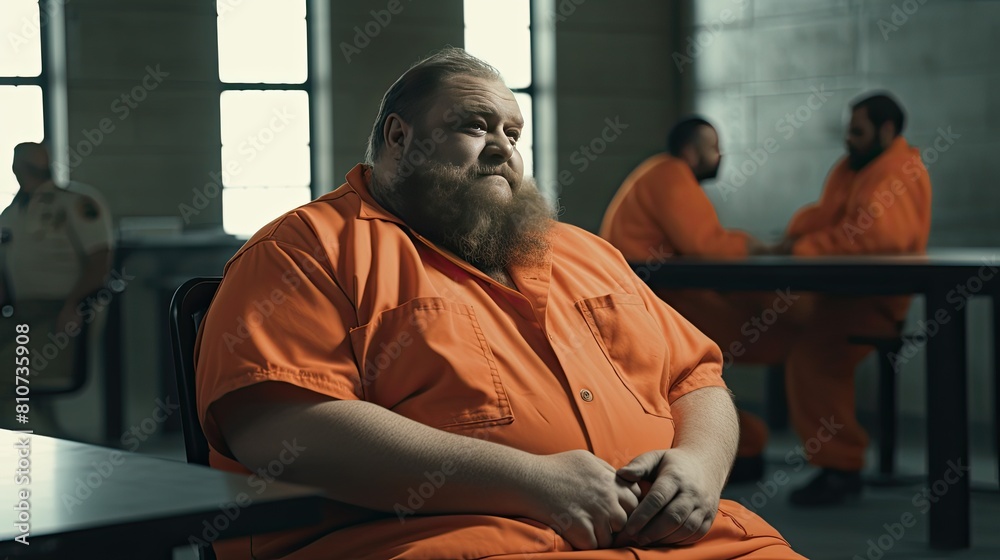 A fat man in an orange prisoner suit sits in jail in a large room with ...