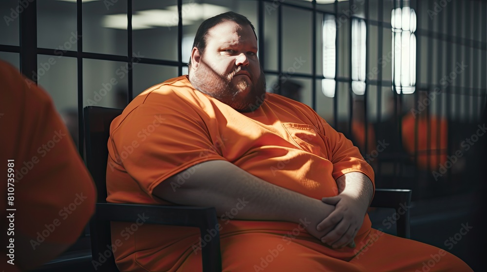 A fat man in an orange prisoner suit sits in jail in a large room with ...