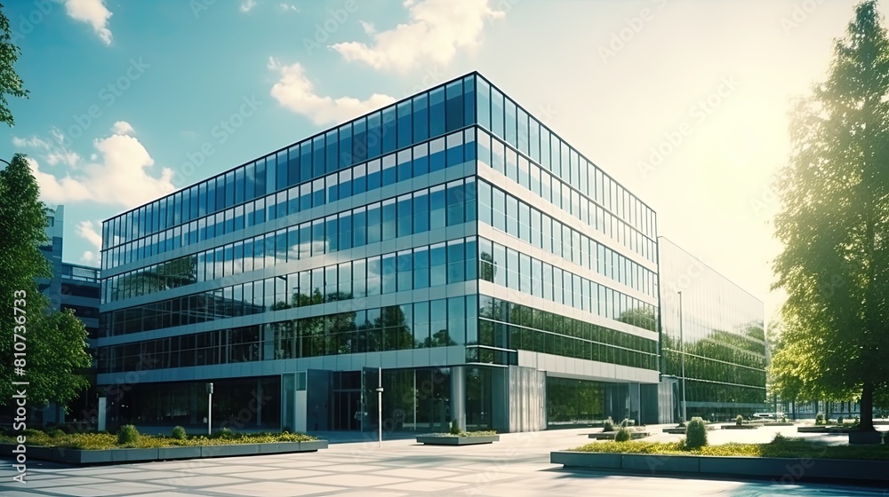 Exterior of a large glazed modern office building, business center on a ...