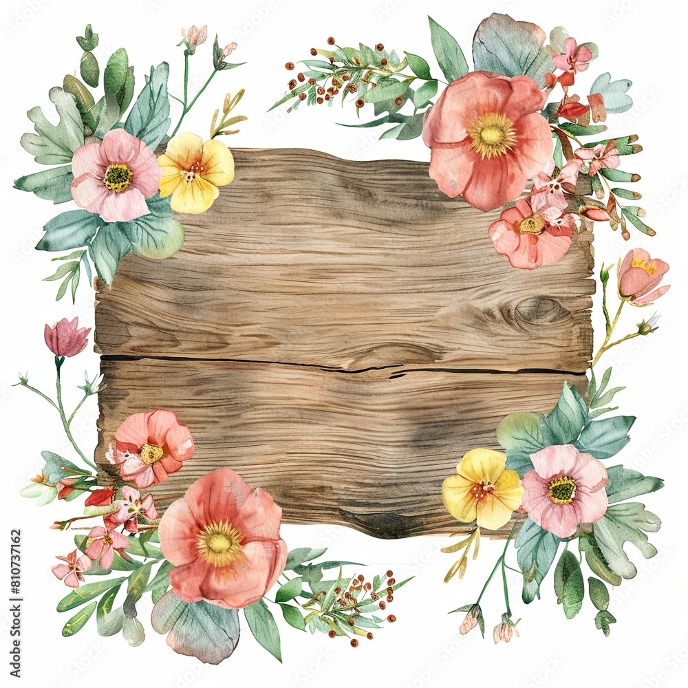 A wooden sign surrounded by flowers watercolor clipart illustration on ...