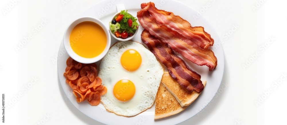 A top down view of a full American breakfast on a white background with ...