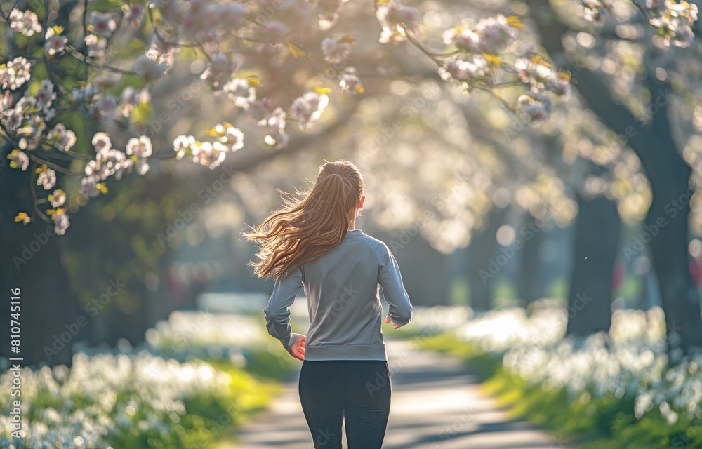 Physicist girl sprinting in a park on a sunny spring day amid flowers ...