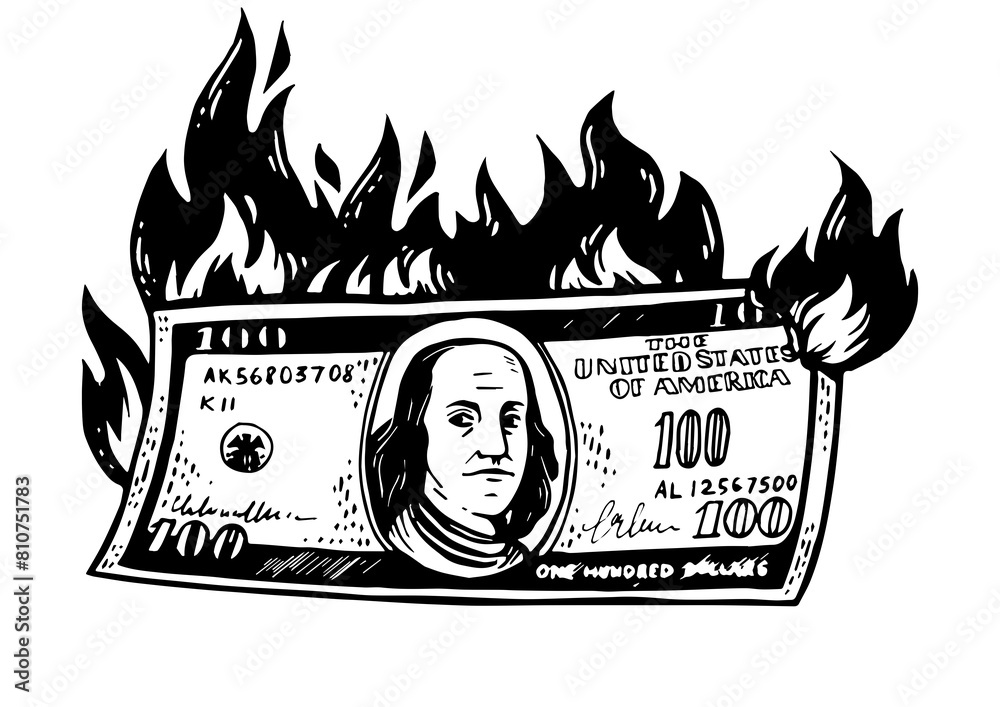burning dollars money sketch engraving PNG illustration. T-shirt ...