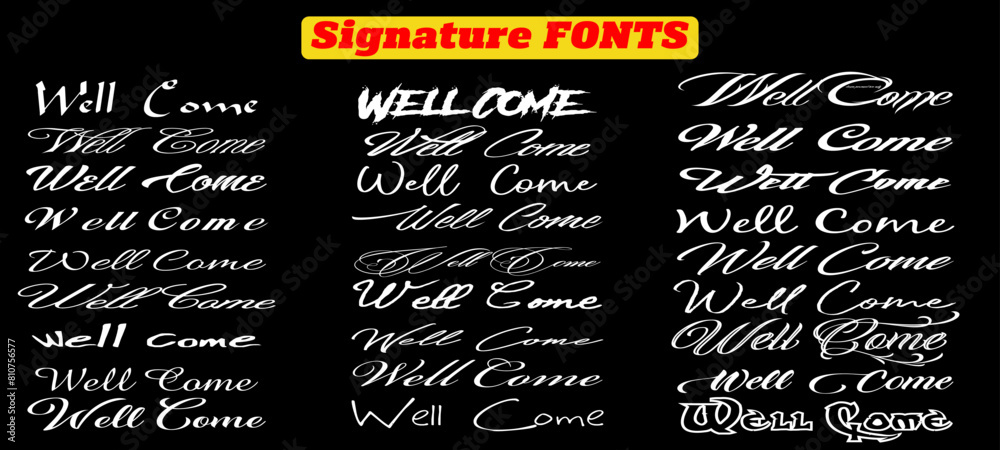 Welcome Fonts sign set. Hand lettering. Modern Signature calligraphic ...