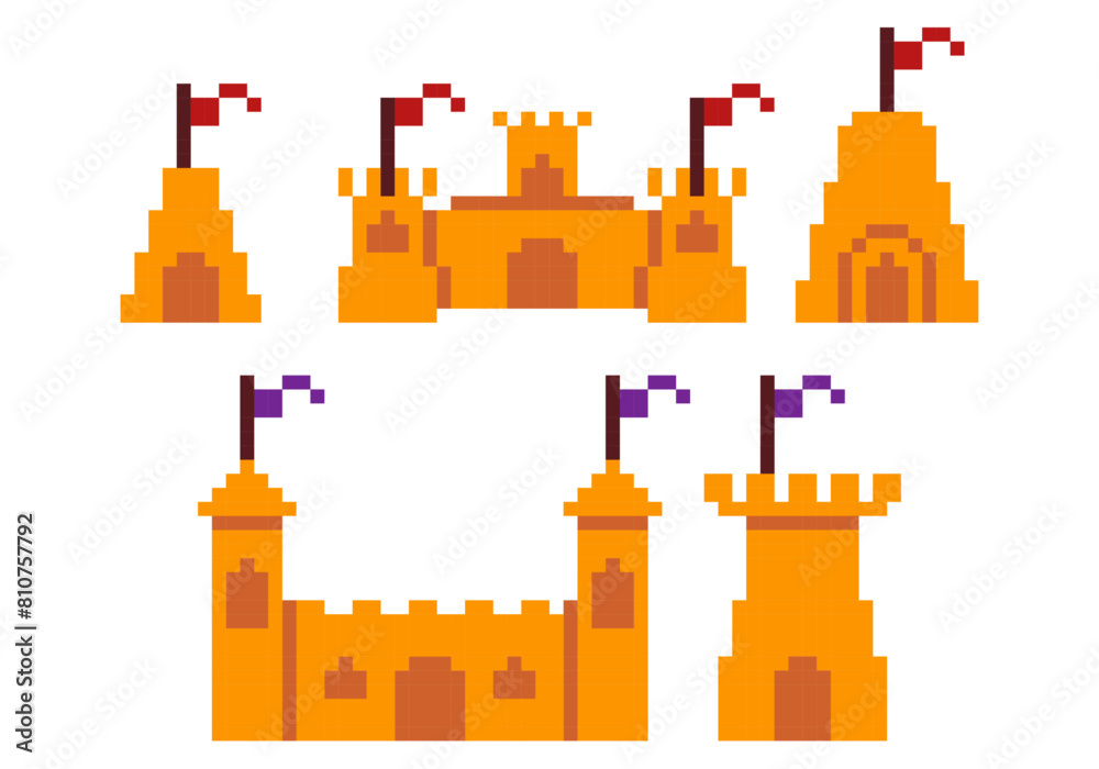 Set of pixel sand castles on white background. Pixel art, 8 bit style ...