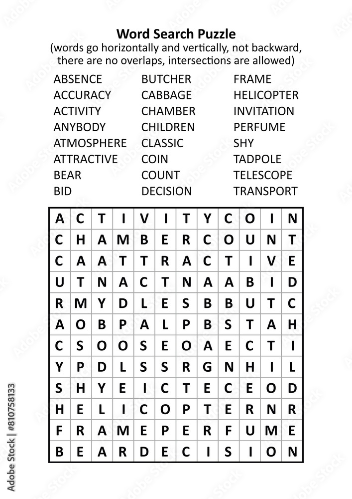 Word search puzzle (general knowledge, family friendly, words ABSENCE ...
