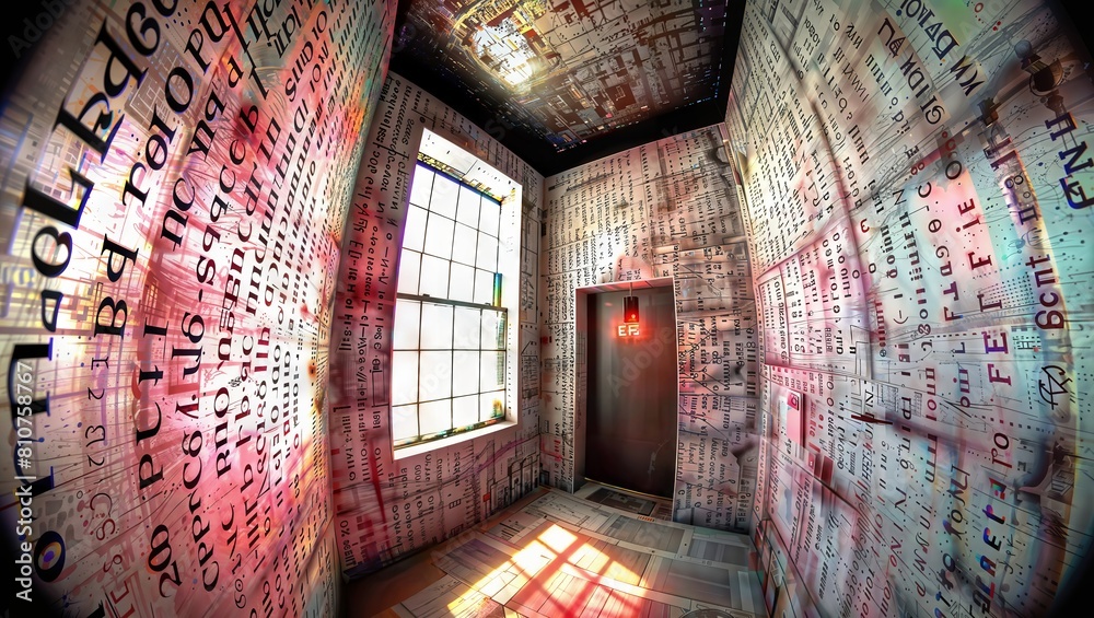 An artistic typographic room installation featuring walls covered in ...