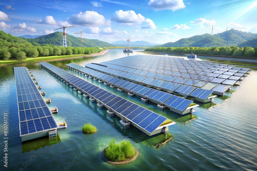 Floating solar farms on reservoirs to maximize renewable energy generation Stock Photo | Adobe Stock