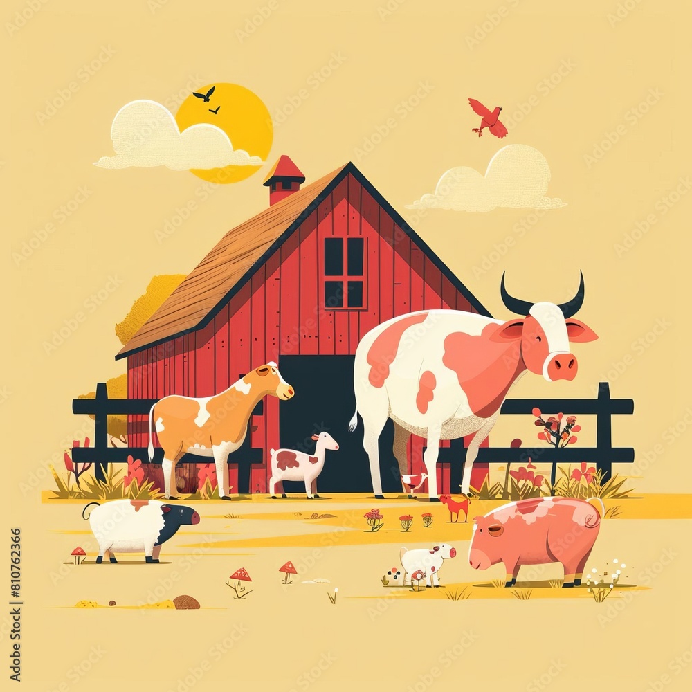 Farm animals flat design side view rural life theme cartoon drawing ...