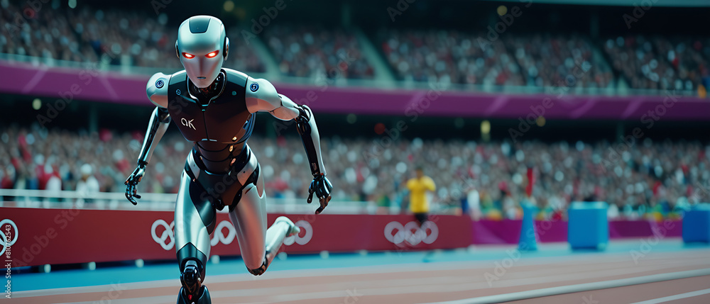 AI robot running in an olympic sprint race. Artificial intelligence ...