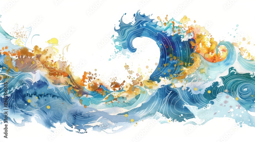 Bright watercolor painting of a wave cresting with magical gold swirls ...