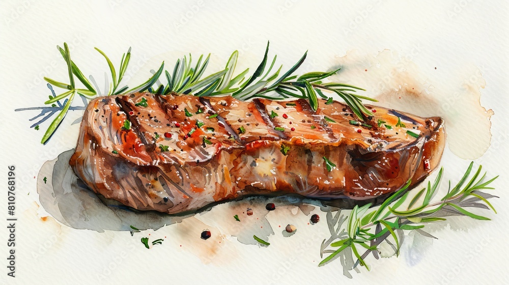 Detailed watercolor painting of a seasoned steak hot off the grill ...