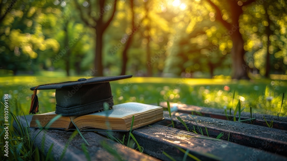 Graduation cap carefully set on an open book lying on a park bench in a ...