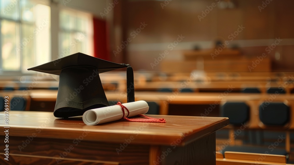 A neatly placed graduation cap and diploma scroll on a wooden lecture ...