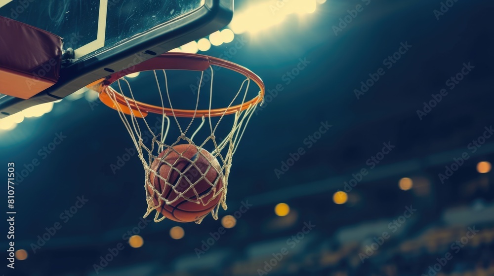 Basketball going through hoop in basketball court, closeup action shot ...