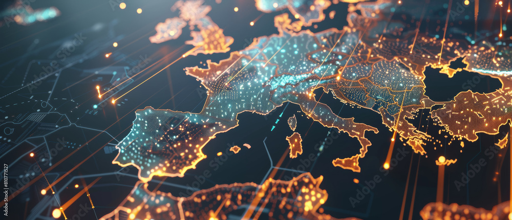 Glowing network nodes overlay a digital map of Europe, symbolizing ...