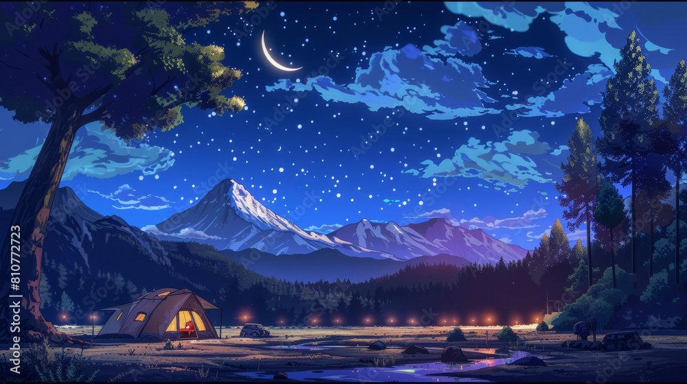 Idyllic cozy nighttime camping campground scene with one solitary tent ...