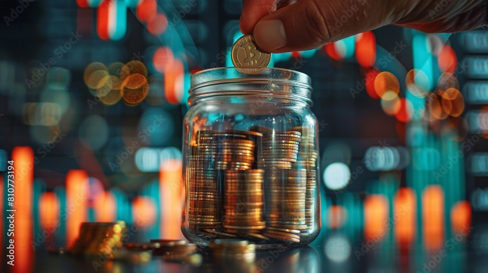A hand dropping coins into a jar labeled Savings, set against a ...