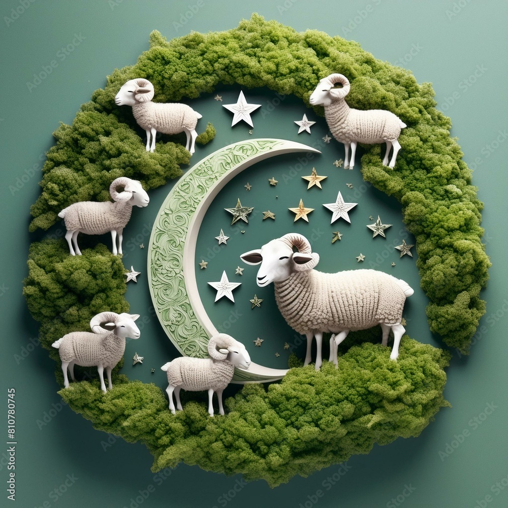 sheep.a contemporary interpretation of Eid al-Adha, featuring a green ...