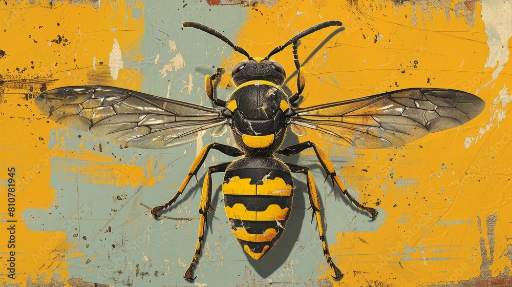 This is a watercolor painting of a yellowjacket on a yellow background ...