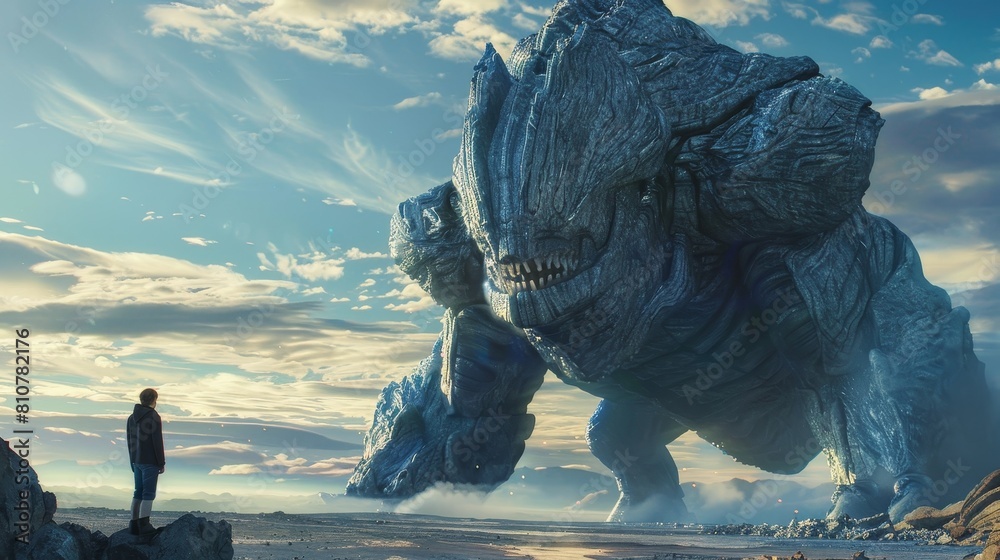 Striking close-up of a man standing before a colossal metallic creature ...