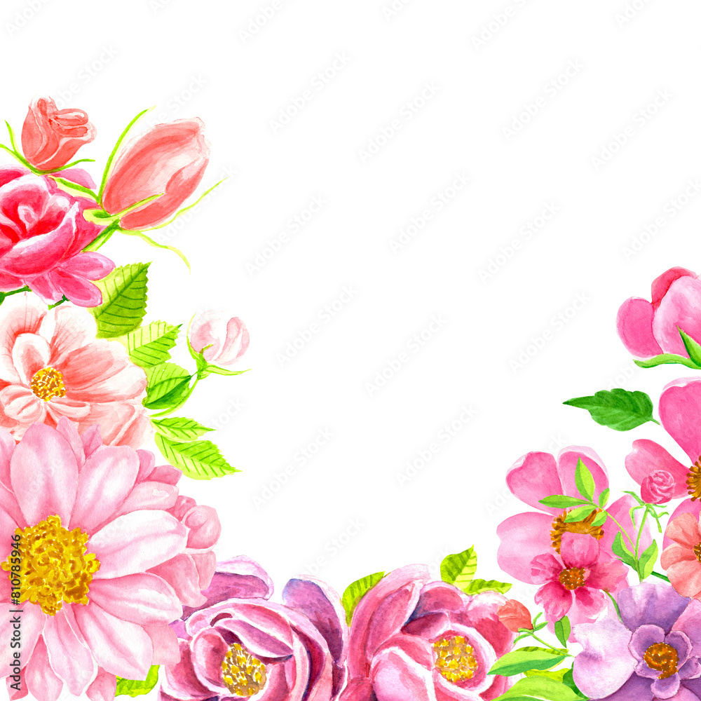 watercolor pink and purple floral corner frame, on white background ...