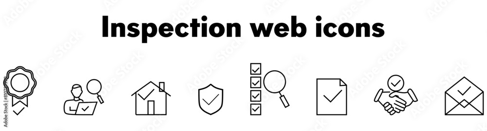 Inspection web icons in line style. Examination, testing, quality ...