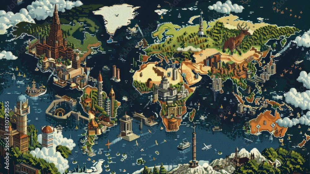 The image shows a colorful and detailed map of the world, with various ...