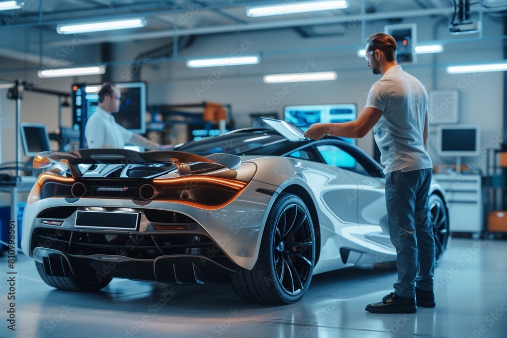 Auto Mechanic and Supercar Owner Reviewing Performance Upgrades on a ...