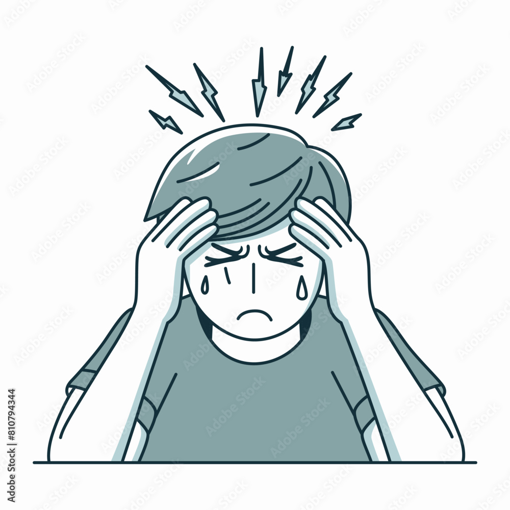 headache cartoon illustration. man holding head with hands. male ...