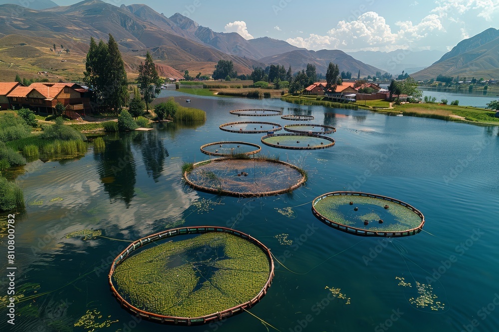 The image shows a serene lake landscape featuring circular fish farms ...