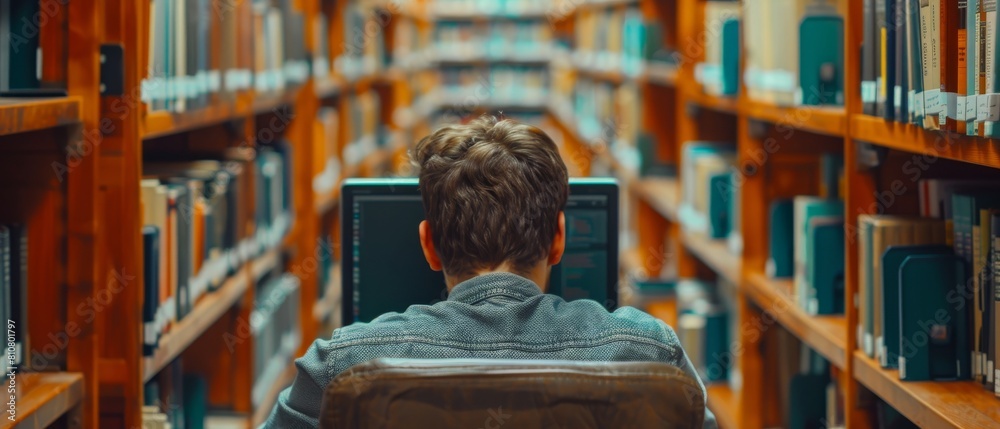 In a library, a bright student spends the afternoon working, doing ...