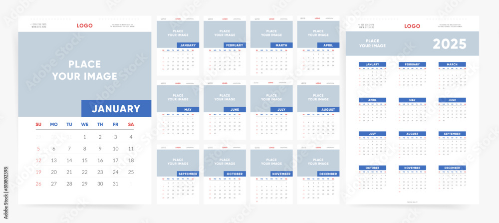 2025 Calendar Template: Modern Design in Red, Blue, and White. Monthly ...