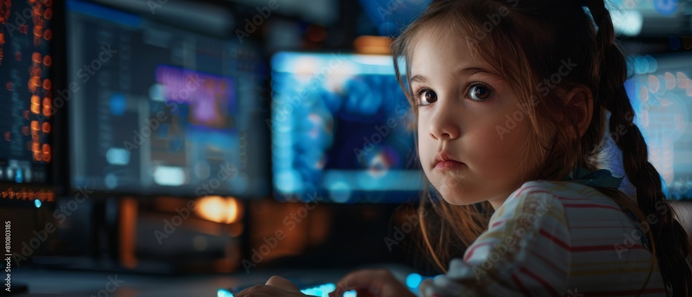 A cute little girl uses a personal computer as she learns programming ...