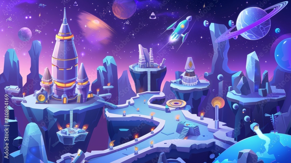The planets and spaceships of a space game level map. Cartoon 2D gui ...
