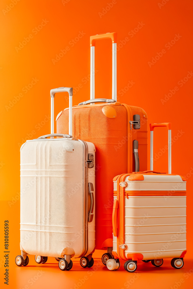 Three suitcases of different colors are stacked on top of each other ...