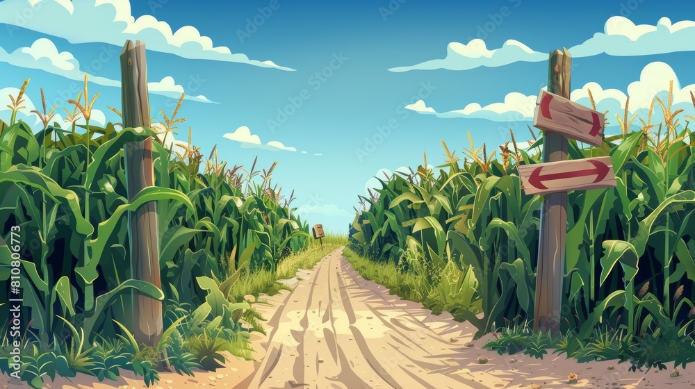 In this cartoon modern illustration, there are green maize plants and ...