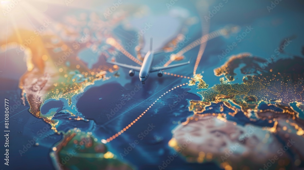 Mappa del mondo con un percorso aereo che collega una città di partenza ...