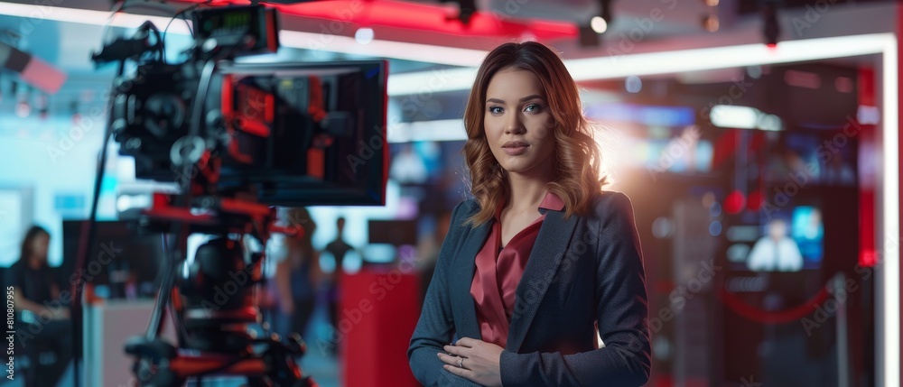 Reporting from a news studio with a beautiful female anchor and a ...