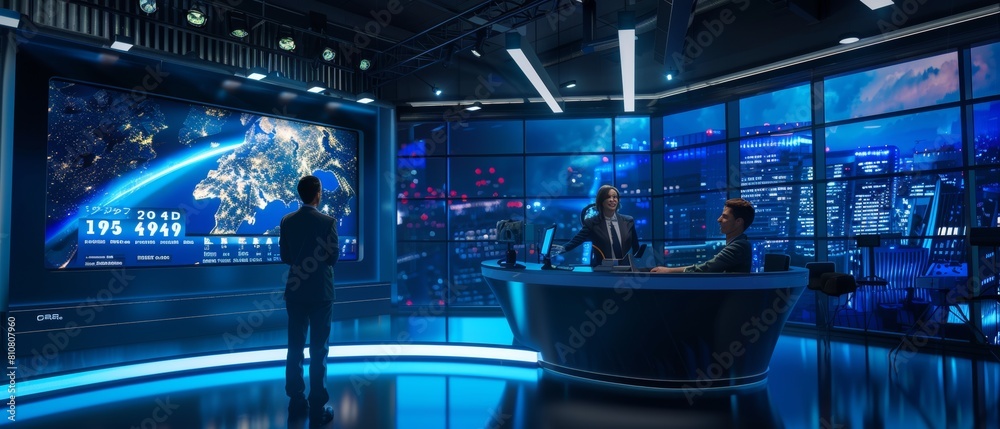 Beautiful female and handsome male anchors start reporting live from a ...