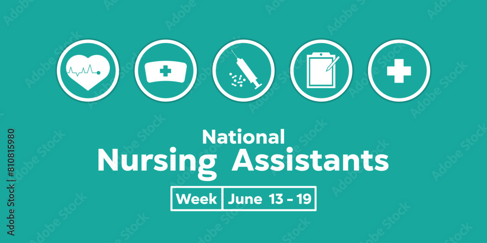 National Nursing Assistant Week. Heart, nurse hat, syringe, note and ...