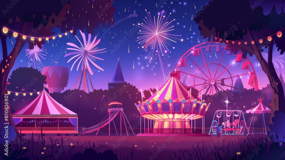 Children enjoying a carnival funfair at night. Amusement park with a ...
