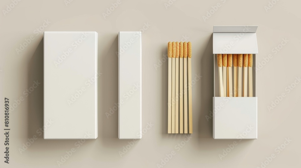 Top view, perspective view of white matchbox with empty package for ...