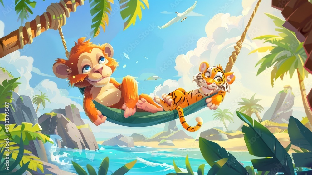 The islanders cartoon poster with monkey and tiger cub, island ...