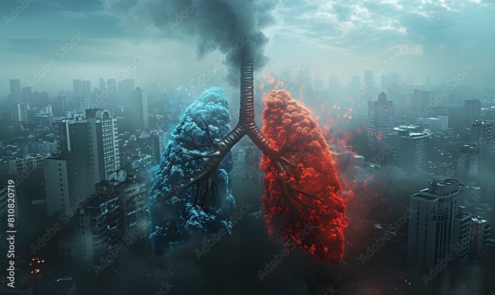 a split-screen showing healthy, clean lungs on one side and polluted ...