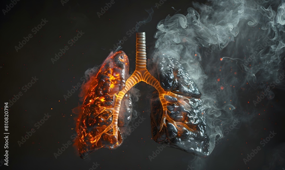 a split-screen showing healthy, clean lungs on one side and polluted ...