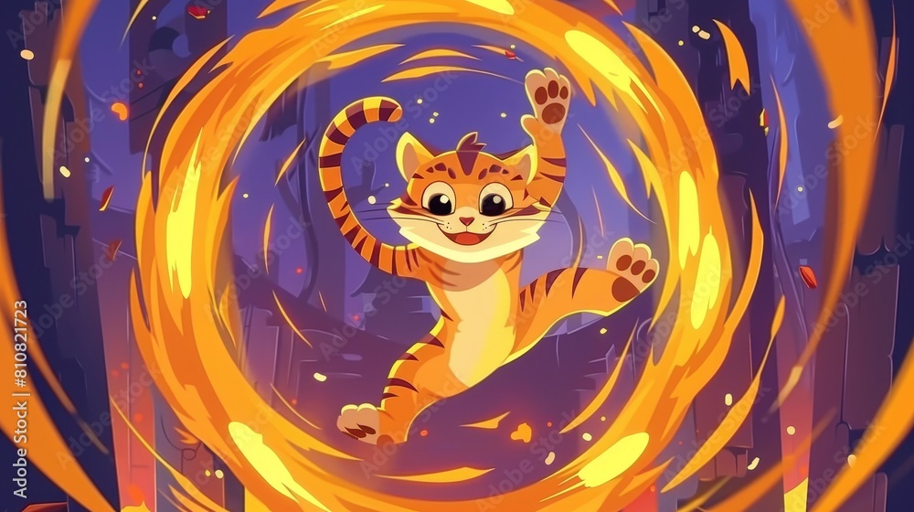 Poster with tiger jumping through fire ring. Modern illustration of ...