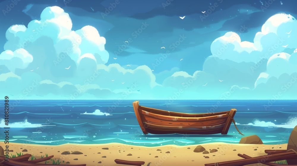 2d landscape with wooden boat on calm sea at early morning, cartoon ...