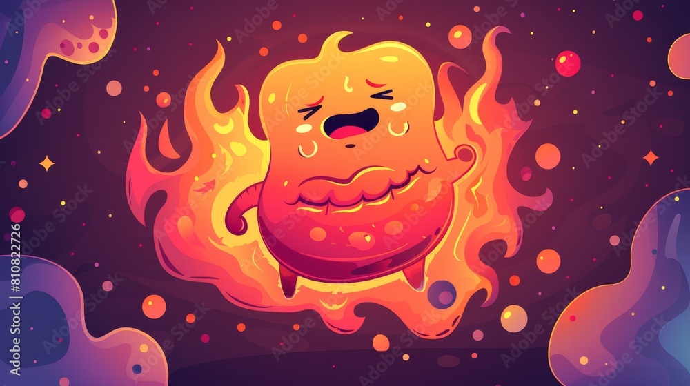 The cartoon stomach character burns in fire. Acid reflux, heartburn ...