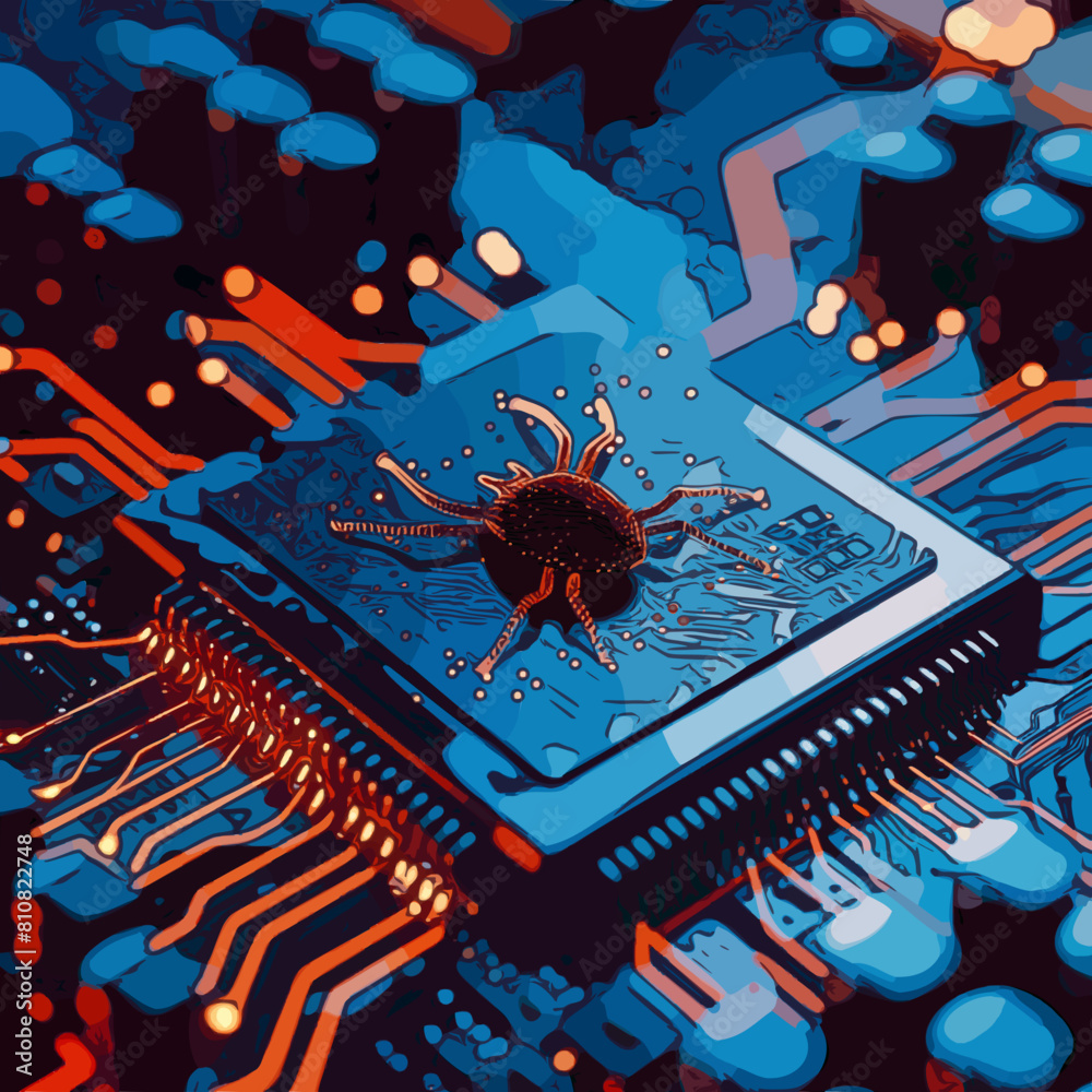 EPROM chip, spider-like, motherboard, digital web, Matrix style ...